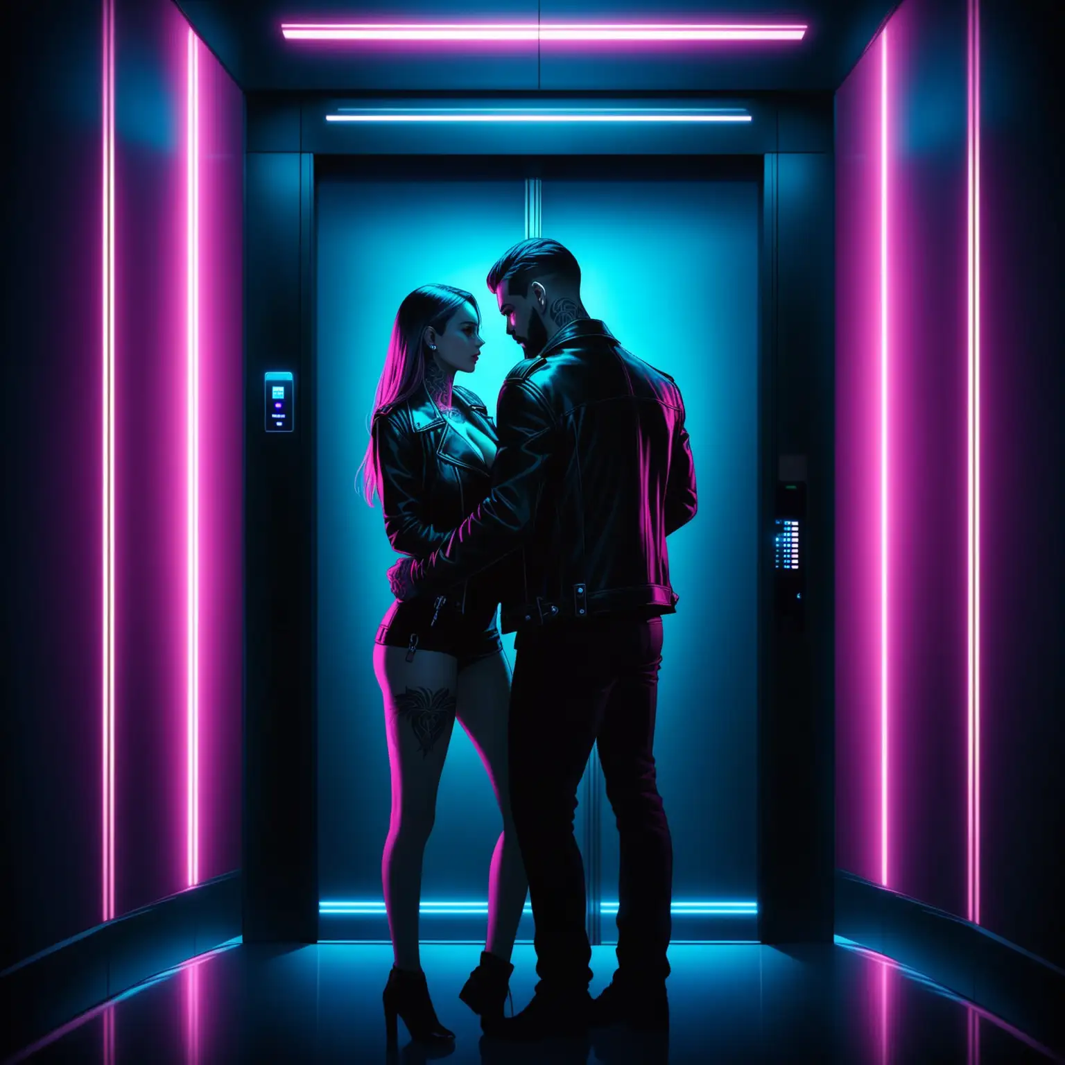 Passionate Couple in Elevator with Cinematic Neon Lighting | AI Art Generator