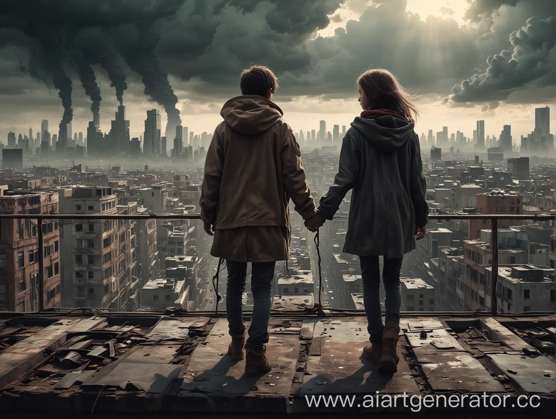 Children Viewing Apocalyptic Cityscape from Rooftop | AI Art Generator